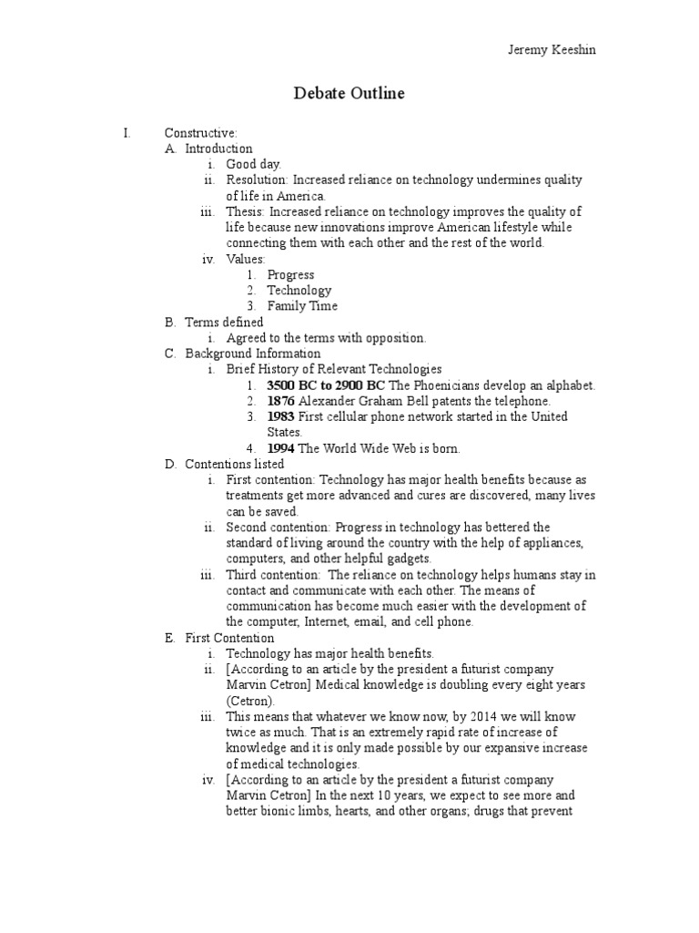 Technology Debate Outline | PDF | Telephone | Internet