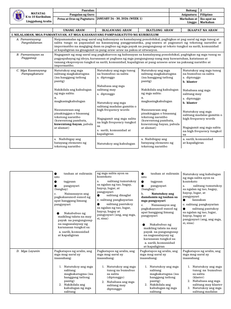 Filipino DLL 2 q4 w1 | PDF
