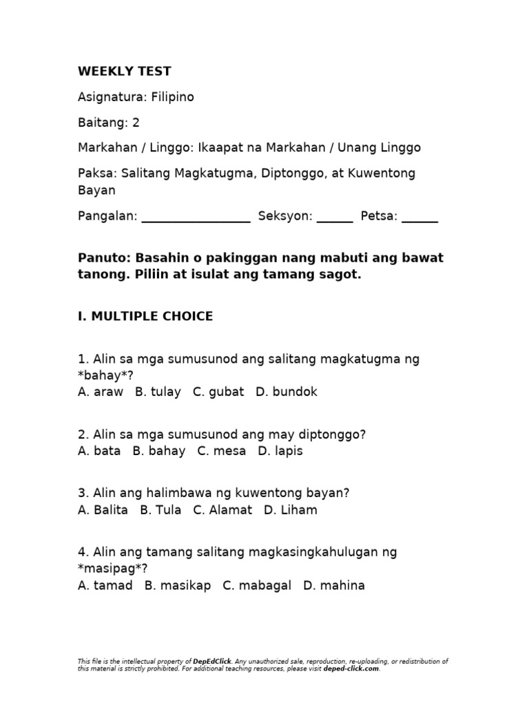 Grade2 Filipino Weekly Test Week1 | PDF
