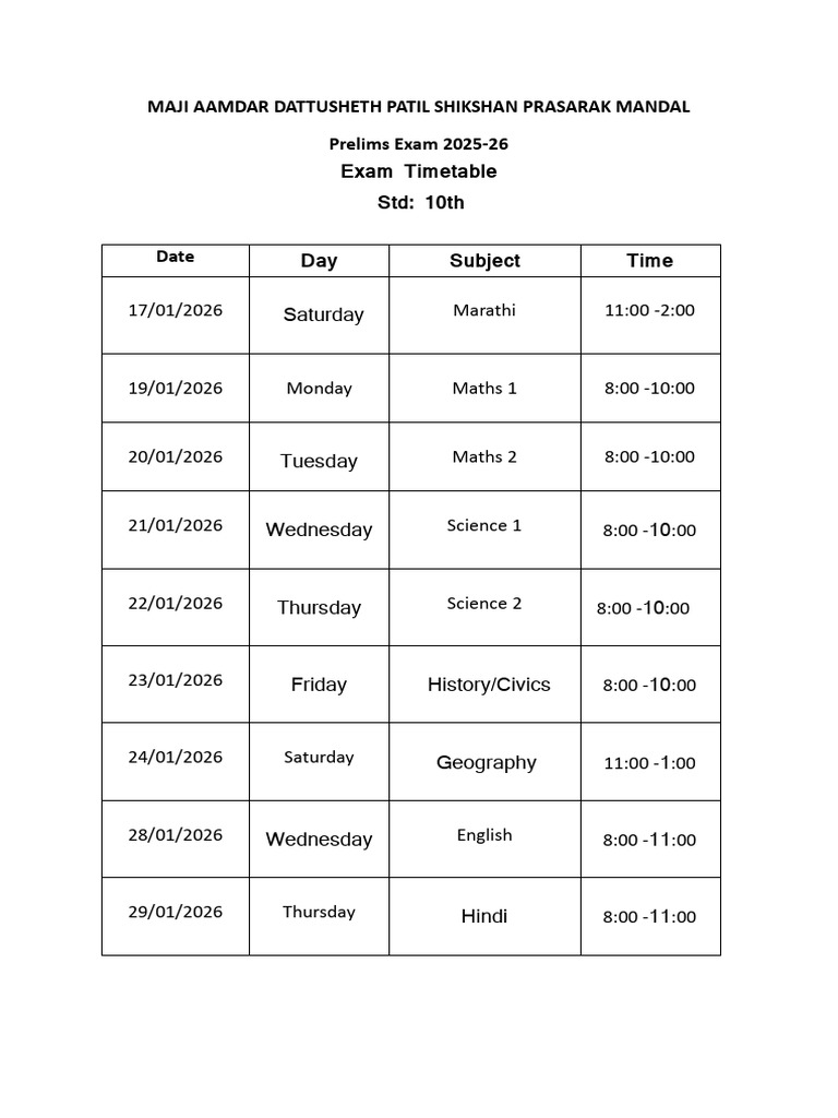 Prelims Timetable 10th | PDF