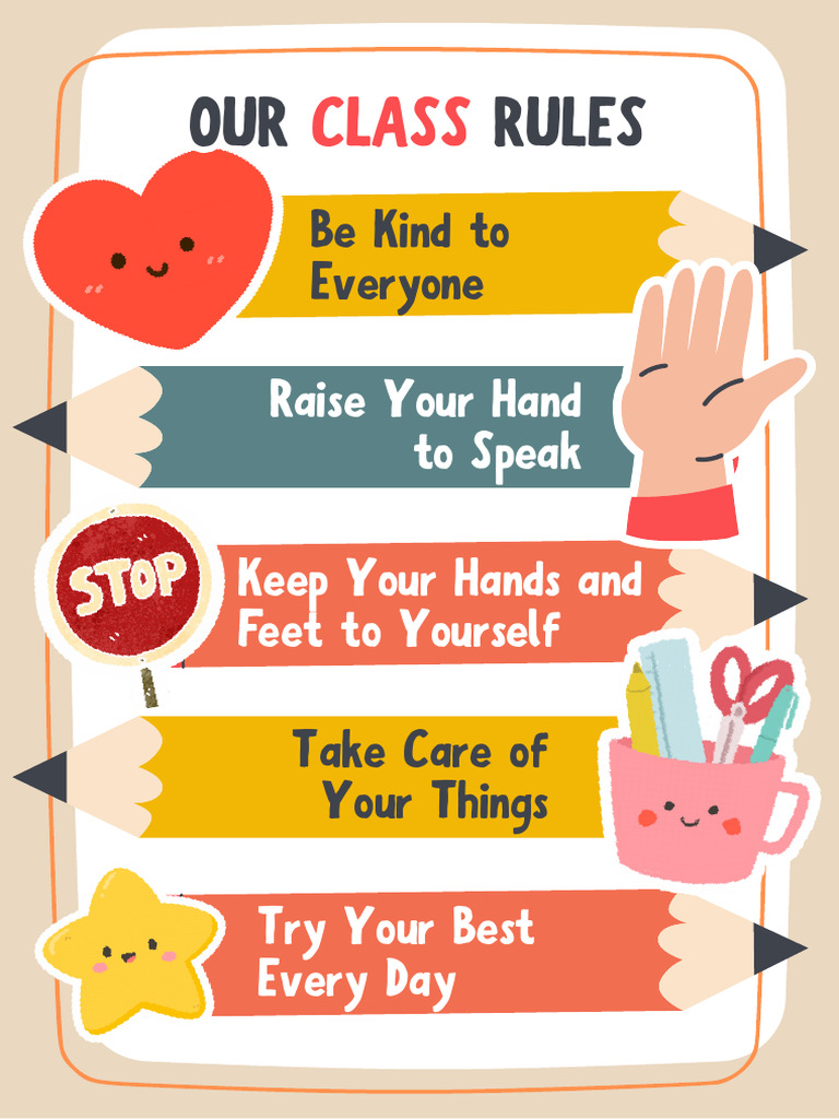 Yellow and Red Playful Illustration Classroom Rules Poster | PDF