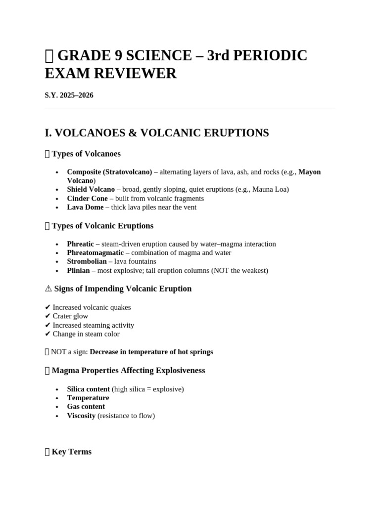 Grade 9 Science 3rd Quarter Reviewer | PDF | Volcano | Lava
