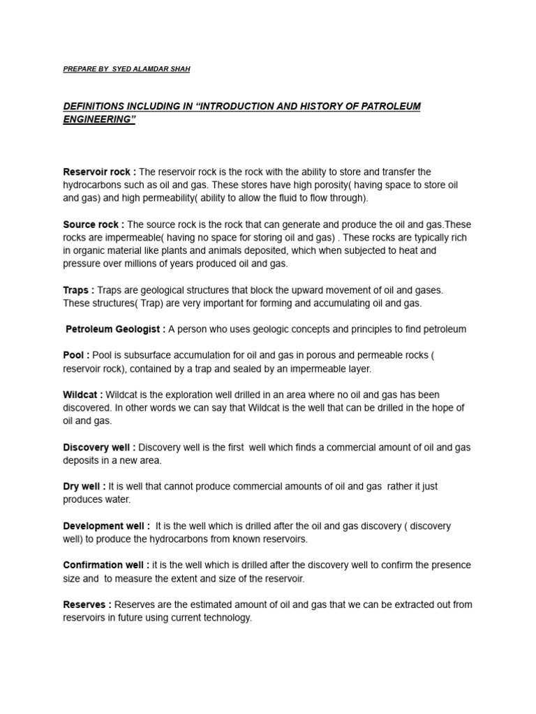 Definitions Including in "Introduction and History of Patroleum ...