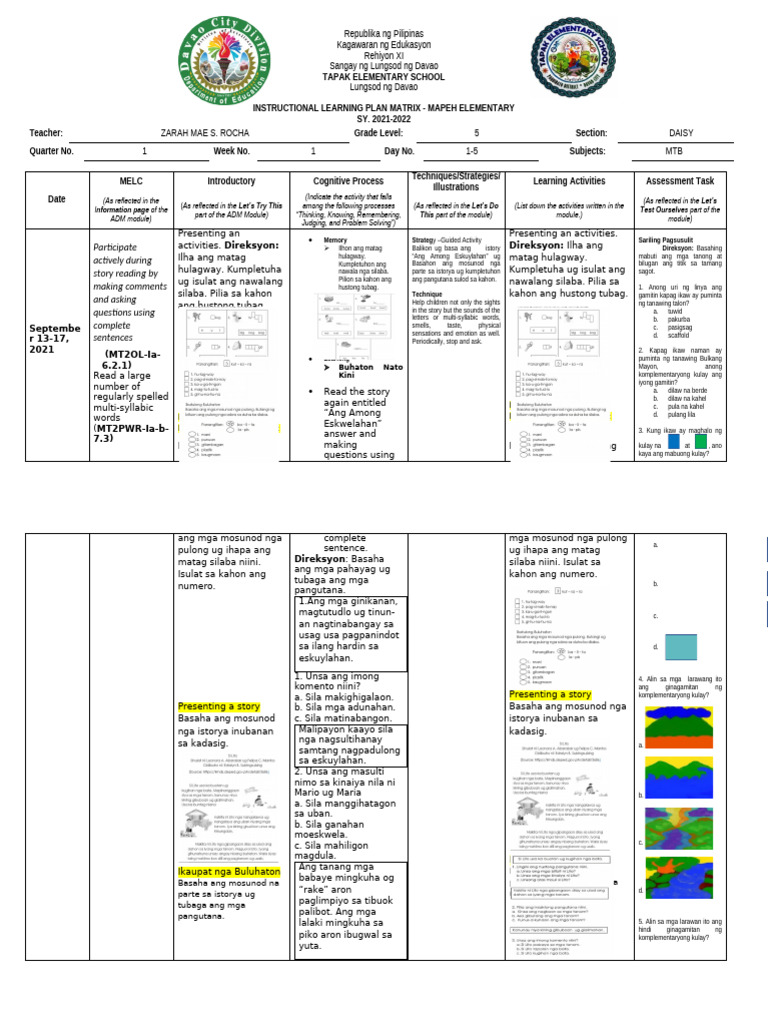Elementary Instructional Learning Plan Matrix | PDF