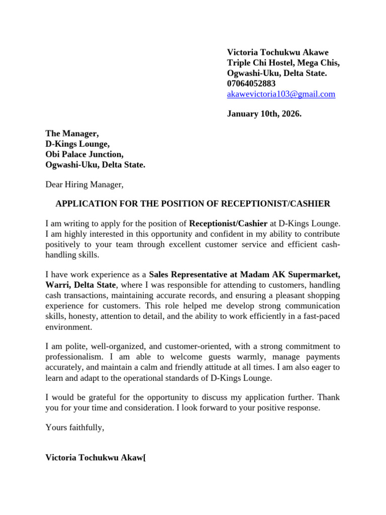 Victoria Tochukwu Akawe Application Letter | PDF