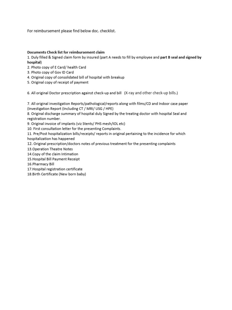 Check List For Reimbursement Claim | PDF