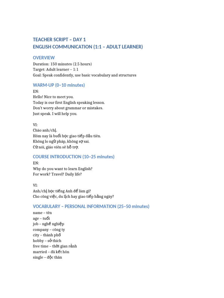 Teacher Script Day1 English Communication | PDF