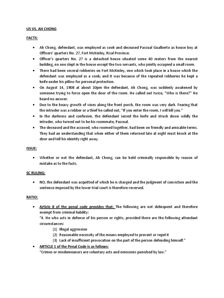 Ah Chong Case | PDF | Intention (Criminal Law) | Recklessness (Law)