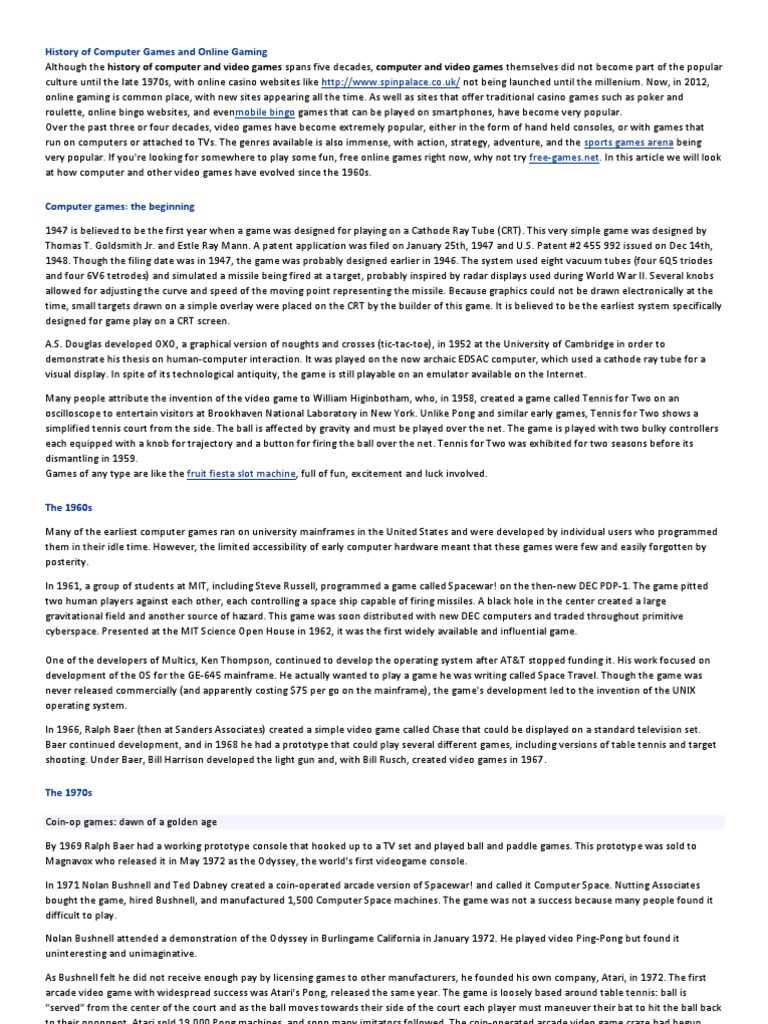 History of Computer Games and Online Gaming | PDF | Video Game Consoles ...