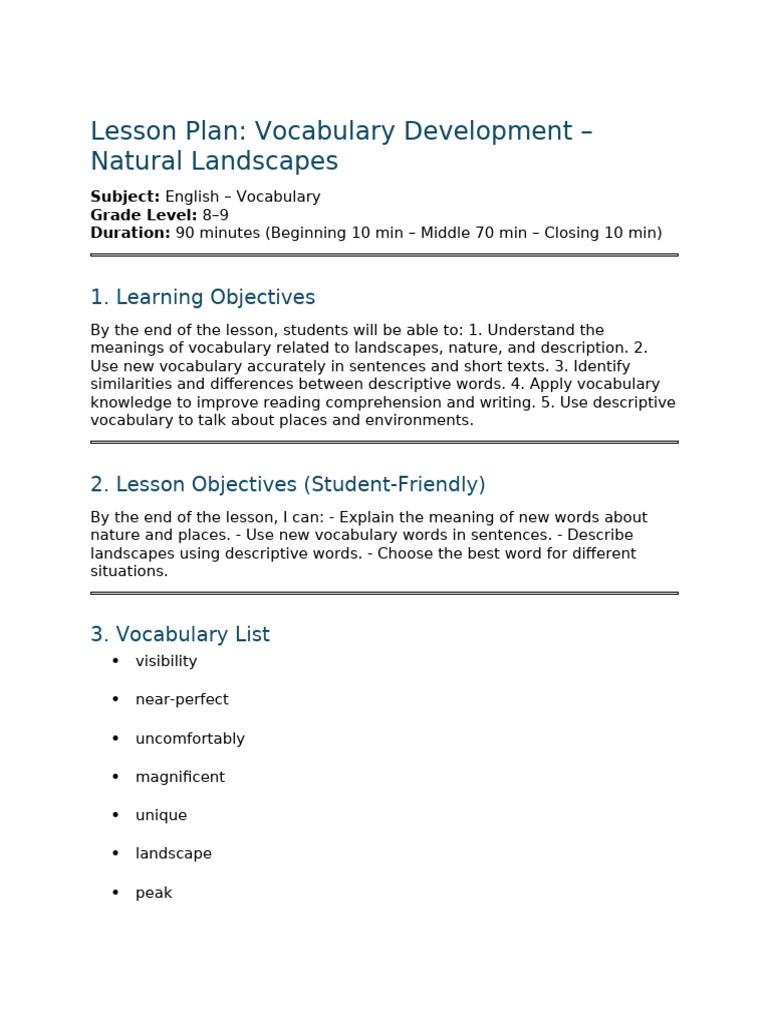 Vocabulary Lesson Plan - Natural Landscapes | PDF | Vocabulary | Word