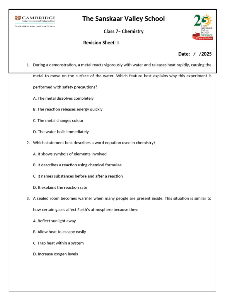 Revision Sheet I Grdae 7 CAIE | PDF | Water | Metals