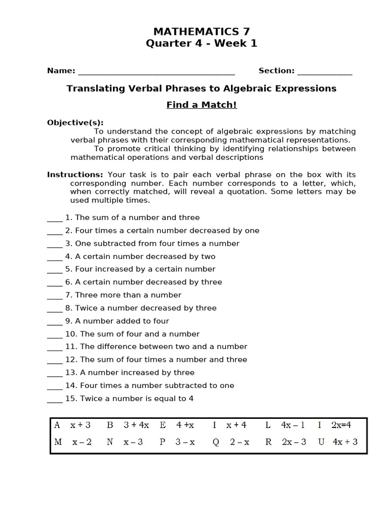 Q4W1 - Activity Sheet (Translating Verbal To Algebraic Expressions) | PDF