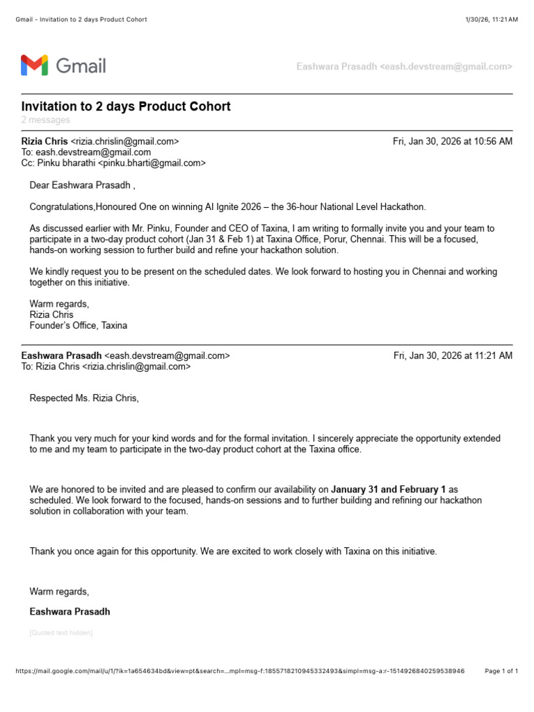 Gmail - Invitation To 2 Days Product Cohort | PDF