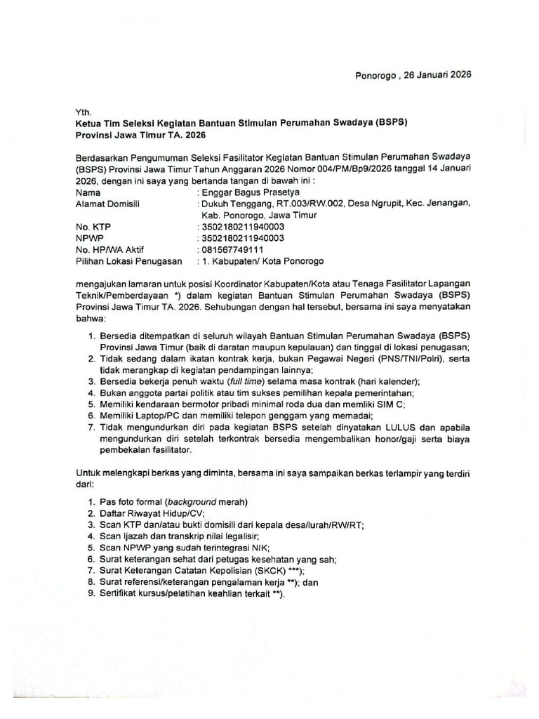 Surat Lamaran Korkab Korkot Dan TFL BSPS TA 2026_ENGGAR | PDF