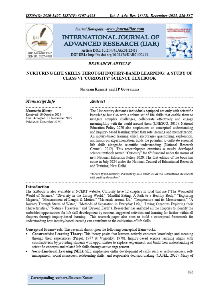 Nurturing Life Skills Through Inquiry-Based Learning: A Study of Class ...