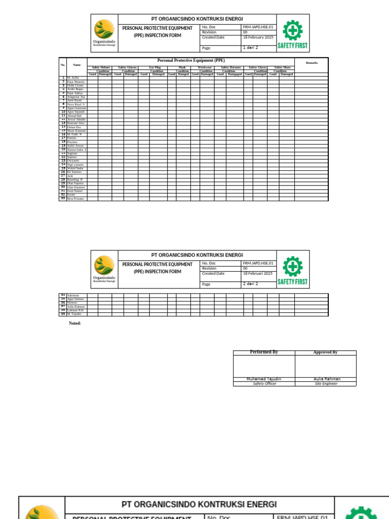 Form Inspeksi APD 18 FEB 2025 | PDF | Public Health | Hygiene
