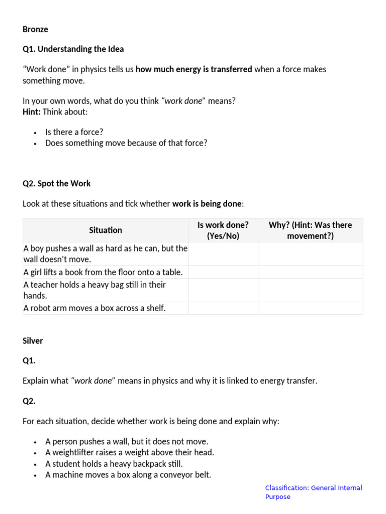 Work Done Worksheet | PDF