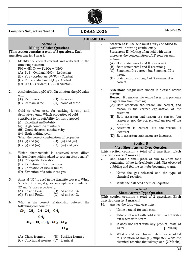Complete Subjective Test 01 - Chemistry Test Paper | PDF | Chemical ...