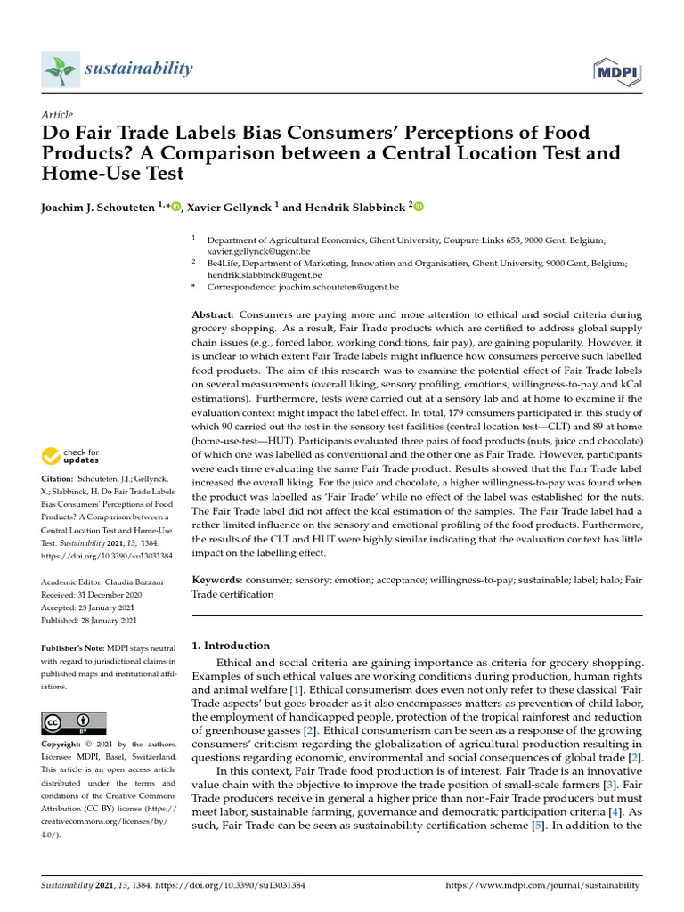 Sustainability 13 01384 v2 | PDF | Fair Trade | Perception