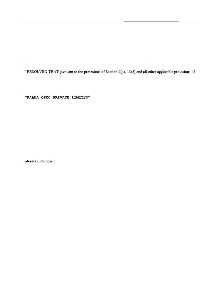 Board Resolution - Change of Name - Raaha Opec | PDF
