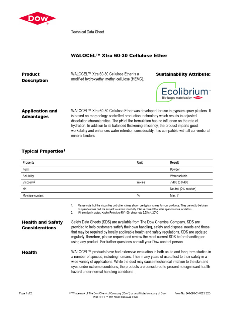 Xtra 60 30 Cellulose Ether Tds | PDF | Waste Management | Safety