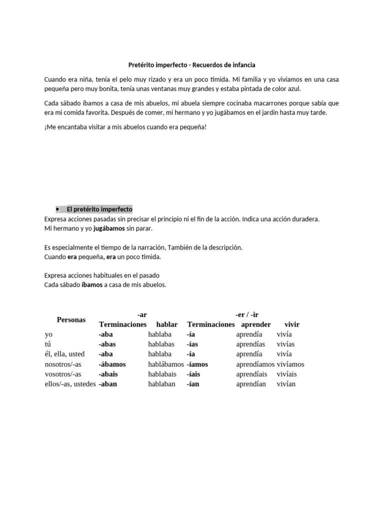 Pretérito imperfecto- recuerdos de niños | PDF