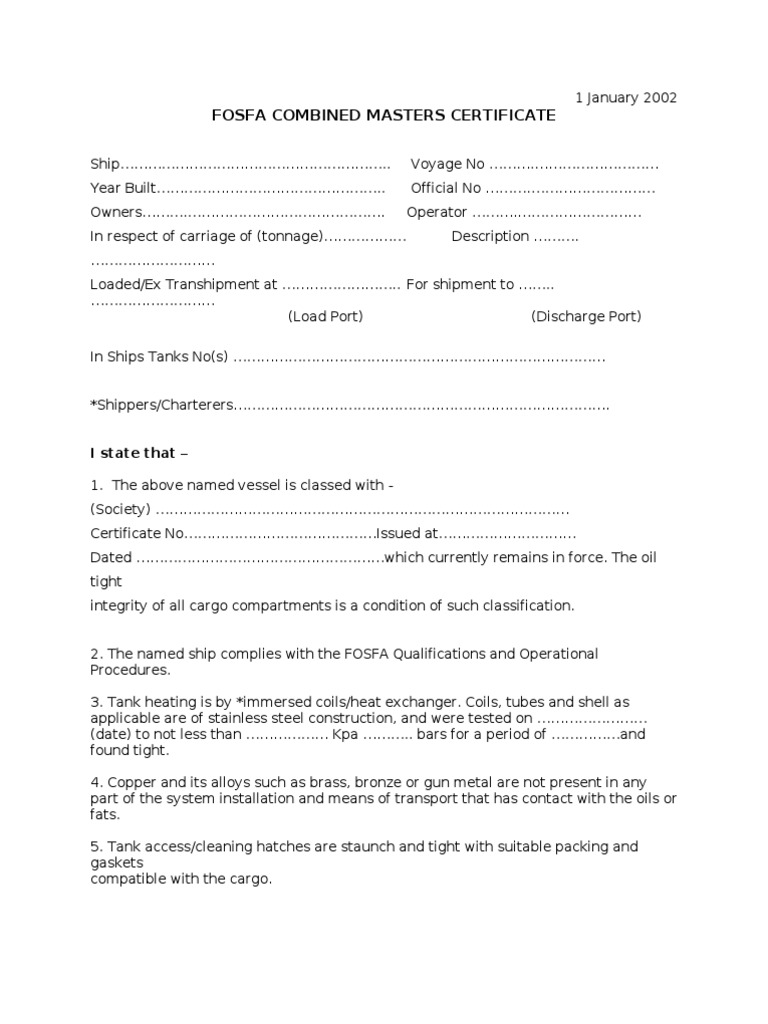 FOSFA Combined Masters Certificate | PDF | Tanks | Cargo