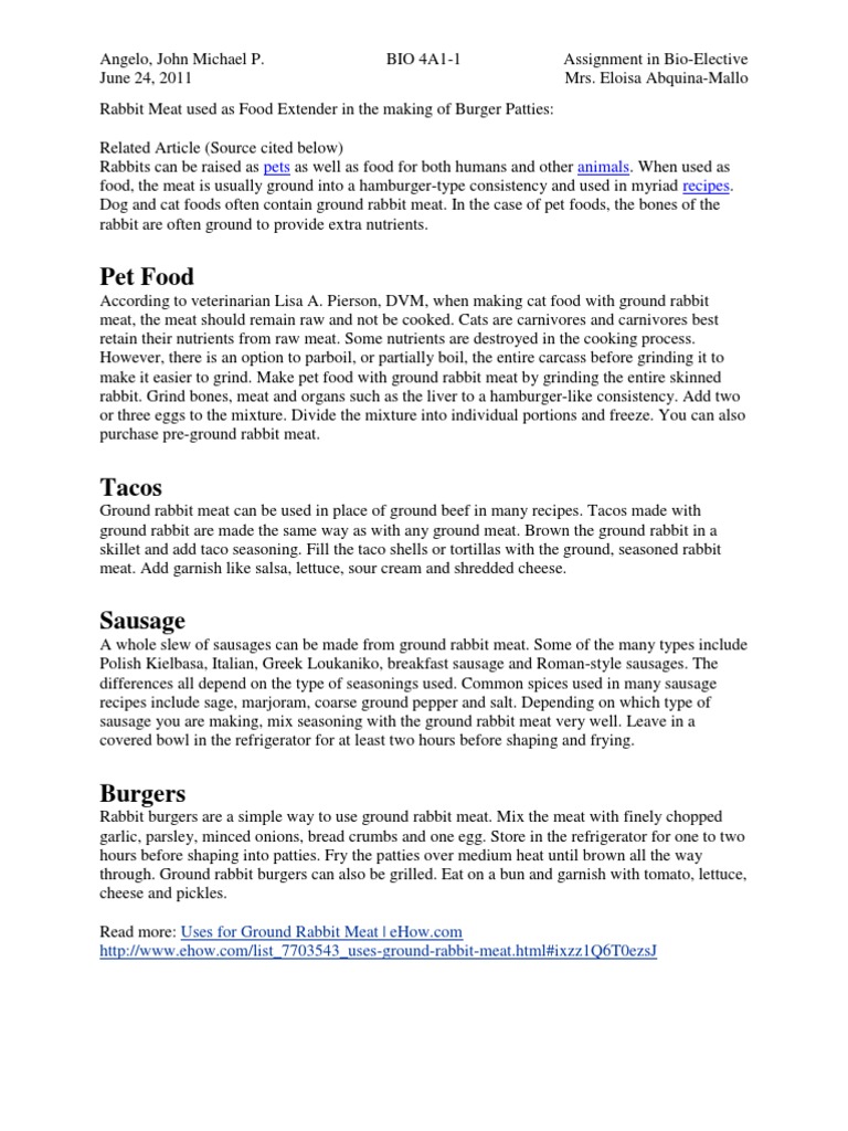 Rabbit Meat Used As Food Extender in The Making of Burger Patties | PDF ...