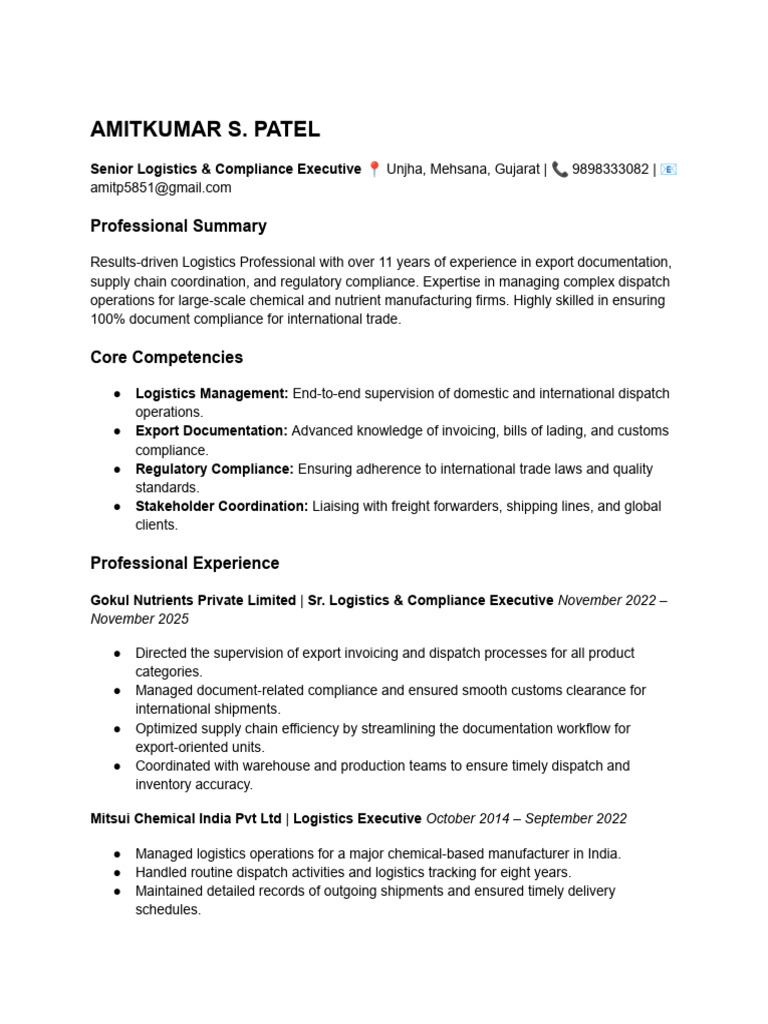 Amit CV | PDF | Logistics | Regulatory Compliance