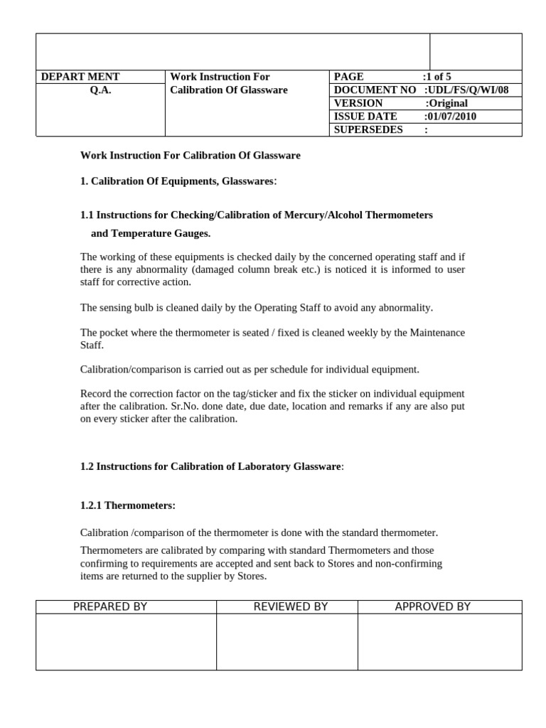 Work Instruction For Calibration of Glassware | PDF | Calibration ...