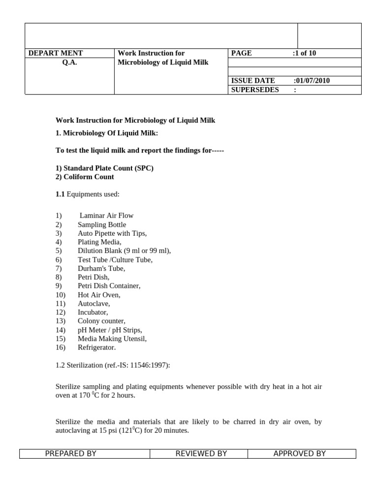 Work Instruction for Microbiology of Liquid Milk | PDF | Agar ...
