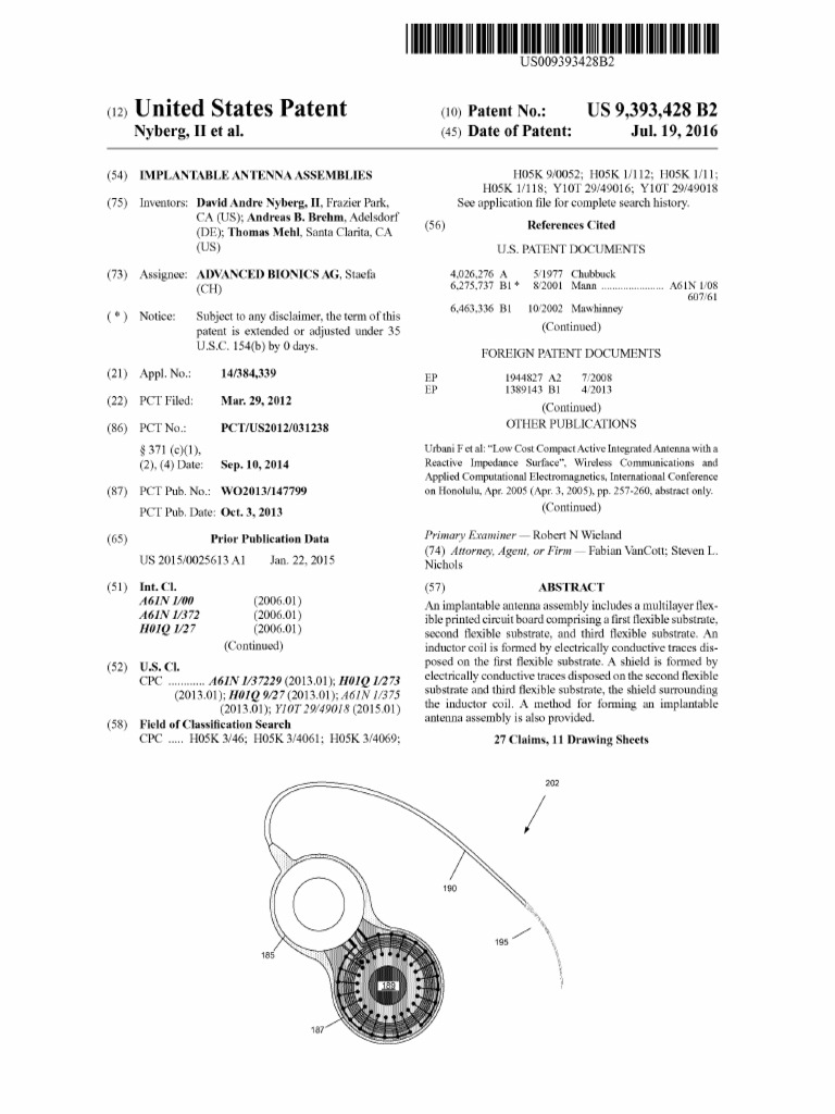 Us9393428_implantable Antenna Assemblies | PDF | Hearing | Auditory System