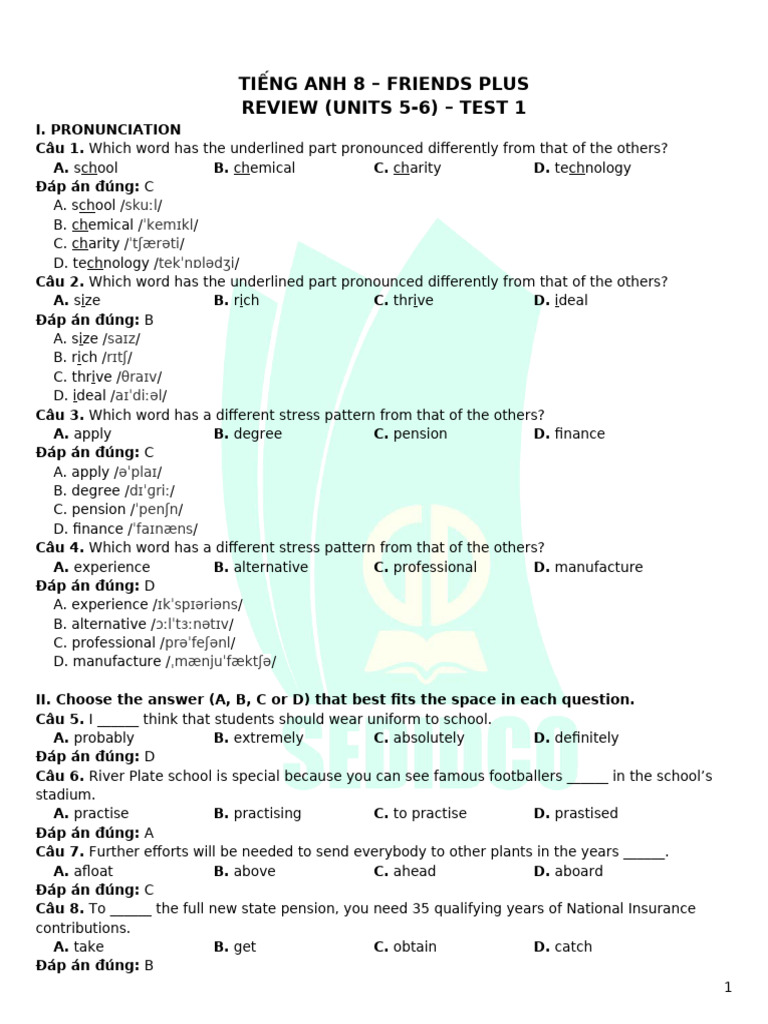Tieng Anh 8 Friends Plus - Review 5-6 - Test 1 (Key) | PDF | Science ...