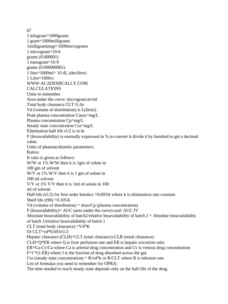 Calculations | PDF | Bioavailability | Pharmacokinetics