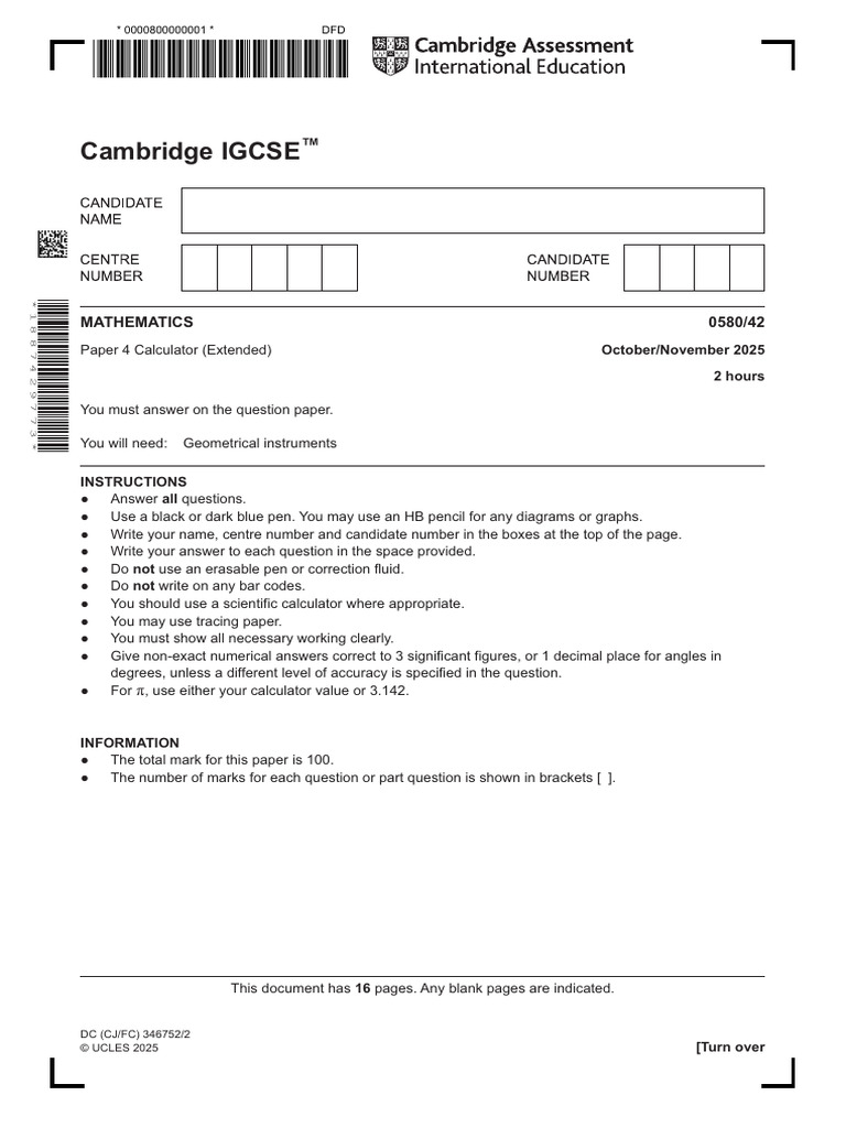 Cambridge IGCSE: Mathematics 0580/42 | PDF