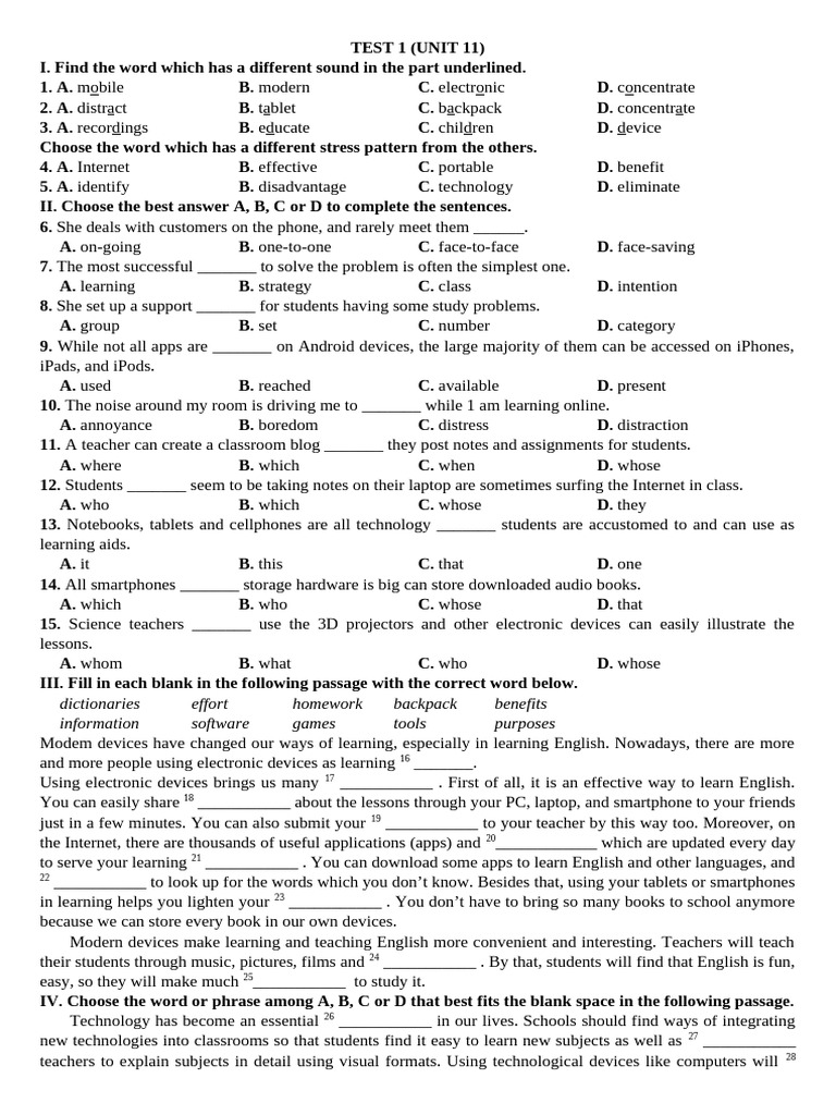 Test 1 Unit 11 | PDF | Educational Technology | Classroom