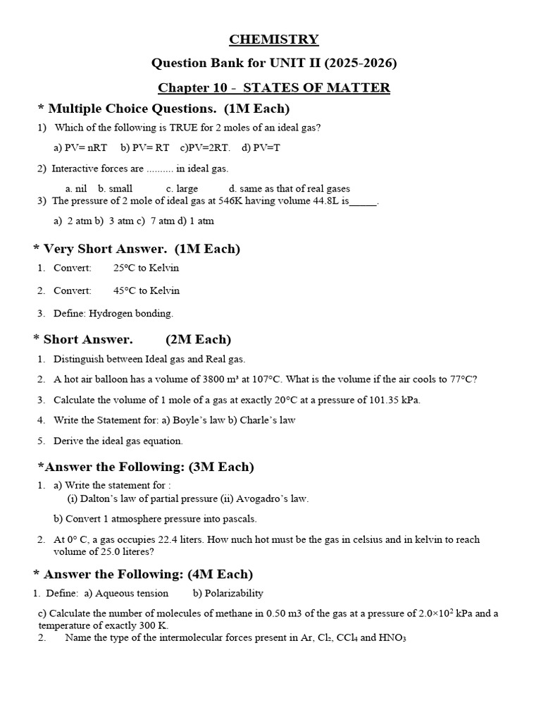 CHEMISTRY (Unit - II Question Bank) | PDF | Gases | Functional Group