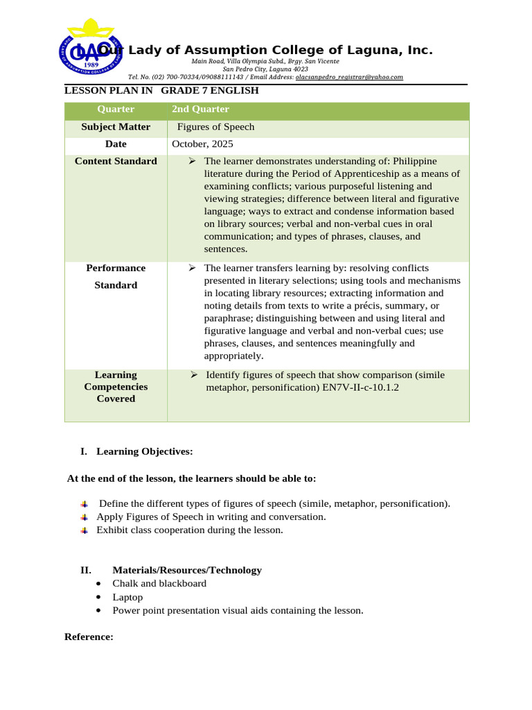 OG Detailed Lesson-Plan-Figures of Speech | PDF | Metaphor | Learning
