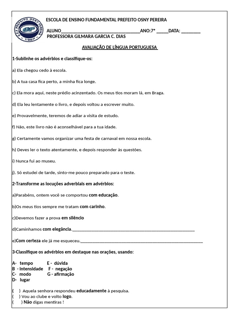 7º - Adverbios, Suj e Pred, Tipos | PDF | Assunto (gramática) | Advérbio