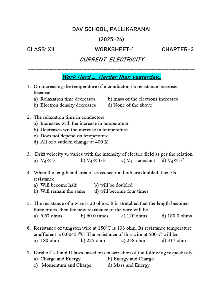 Current Current Worksheet 1 | PDF | Electrical Engineering | Physical ...
