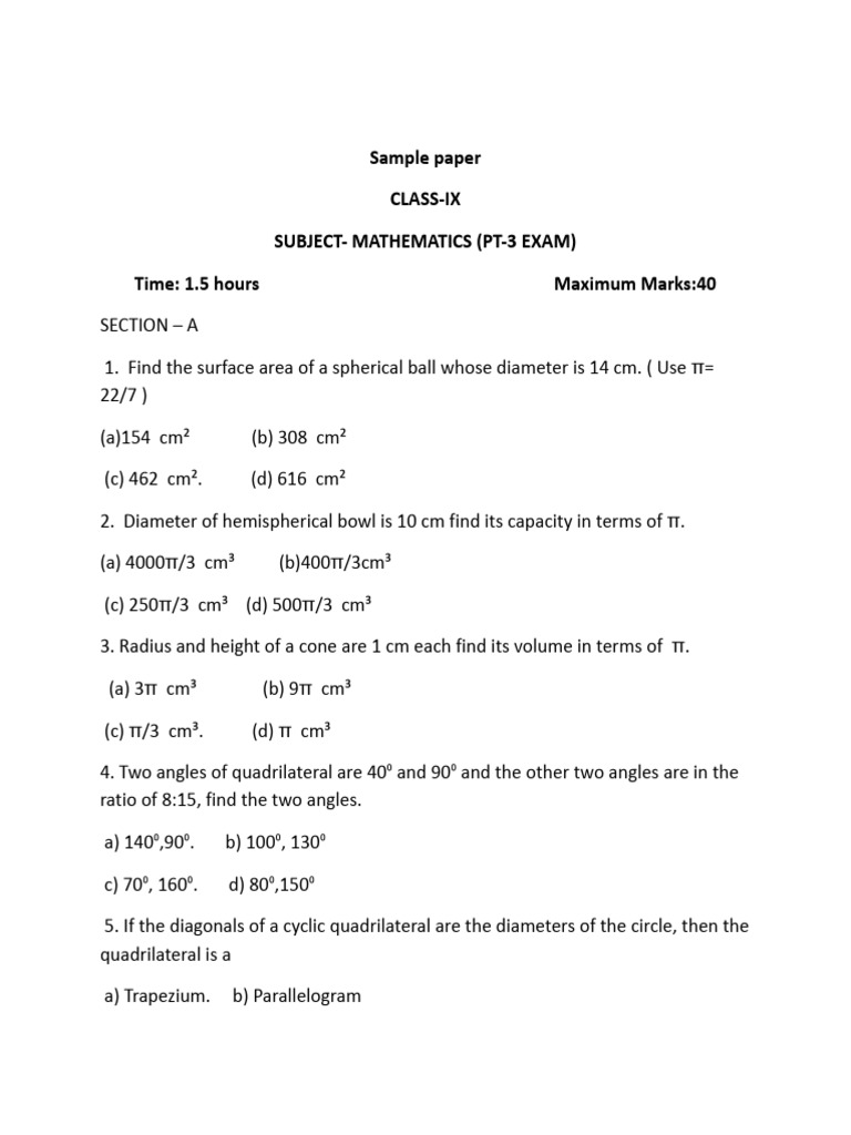 Class Ix Maths PT3 Final | PDF | Circle | Area