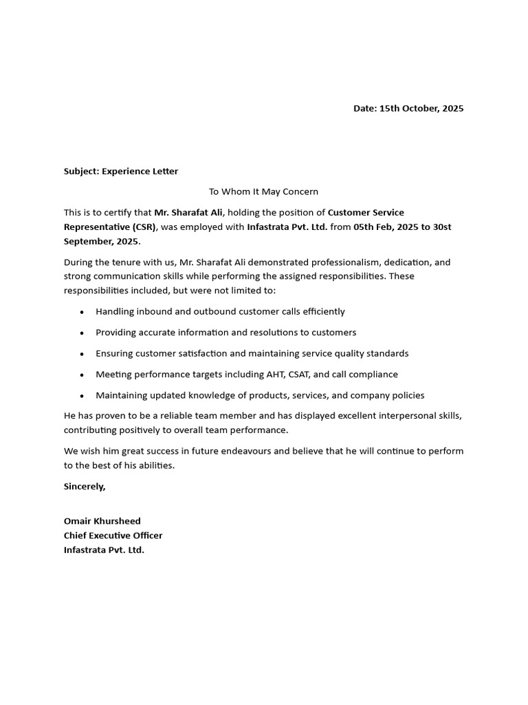Sharafat Ali Experience Letter | PDF