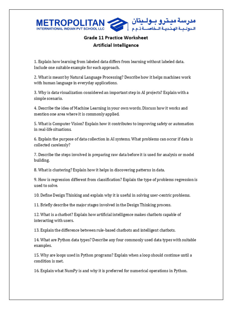 Grade 11 AI Practice Worksheet | PDF | Artificial Intelligence ...