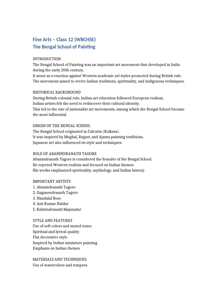 Fine Arts Class 12 Bengal School | PDF | Paintings | The Arts