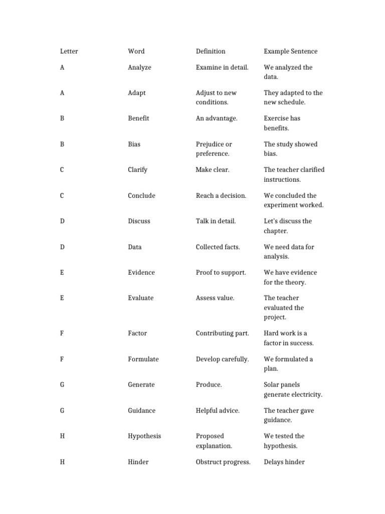 Word List With Definitions and Examples | PDF | Evidence | Knowledge