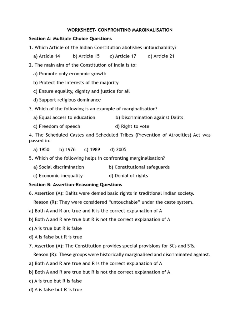 WORKSHEET - Confronting Marginalisation | PDF | Dalit | Justice
