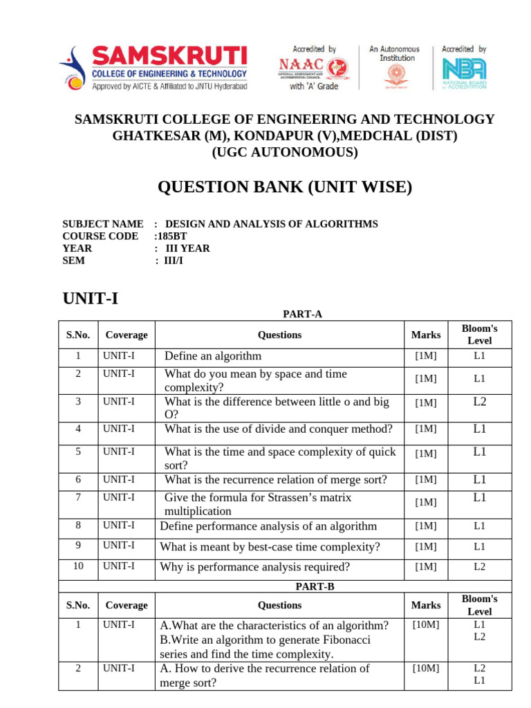 III-i Daa Question Bank | PDF | Time Complexity | Recurrence Relation