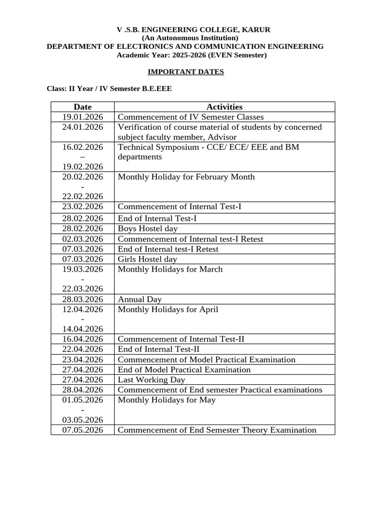 2025-2026 EVEN IV Sem Important Dates | PDF