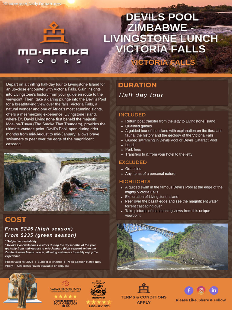 Devils Pool Zimbabwe Livingstone Lunch Victoria Falls 2025 | PDF