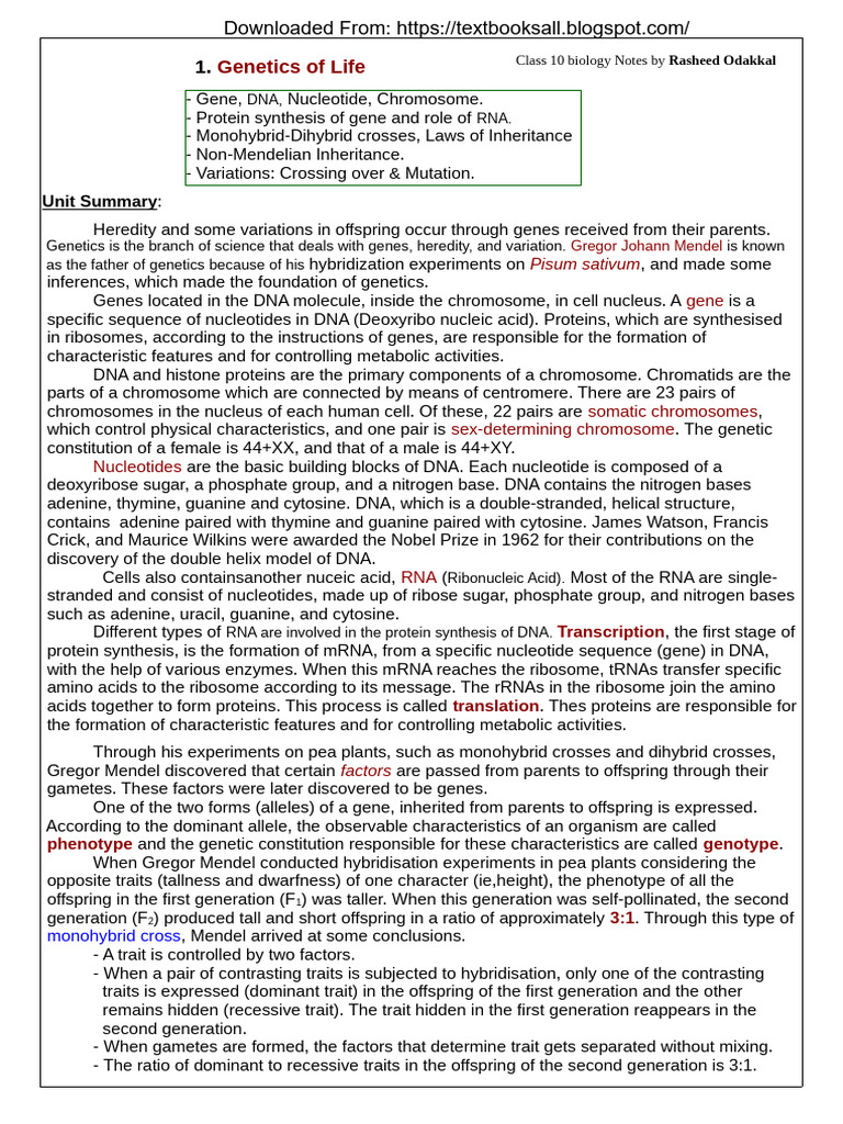 Class 10 Biology - Chapter 01 Genetics of Life - Notes@Textbooks All ...